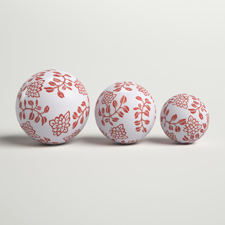 Three Posts Hohman 3 Piece Ceramic Orbs - White with Red Fern Floral Design Decorative Round ...